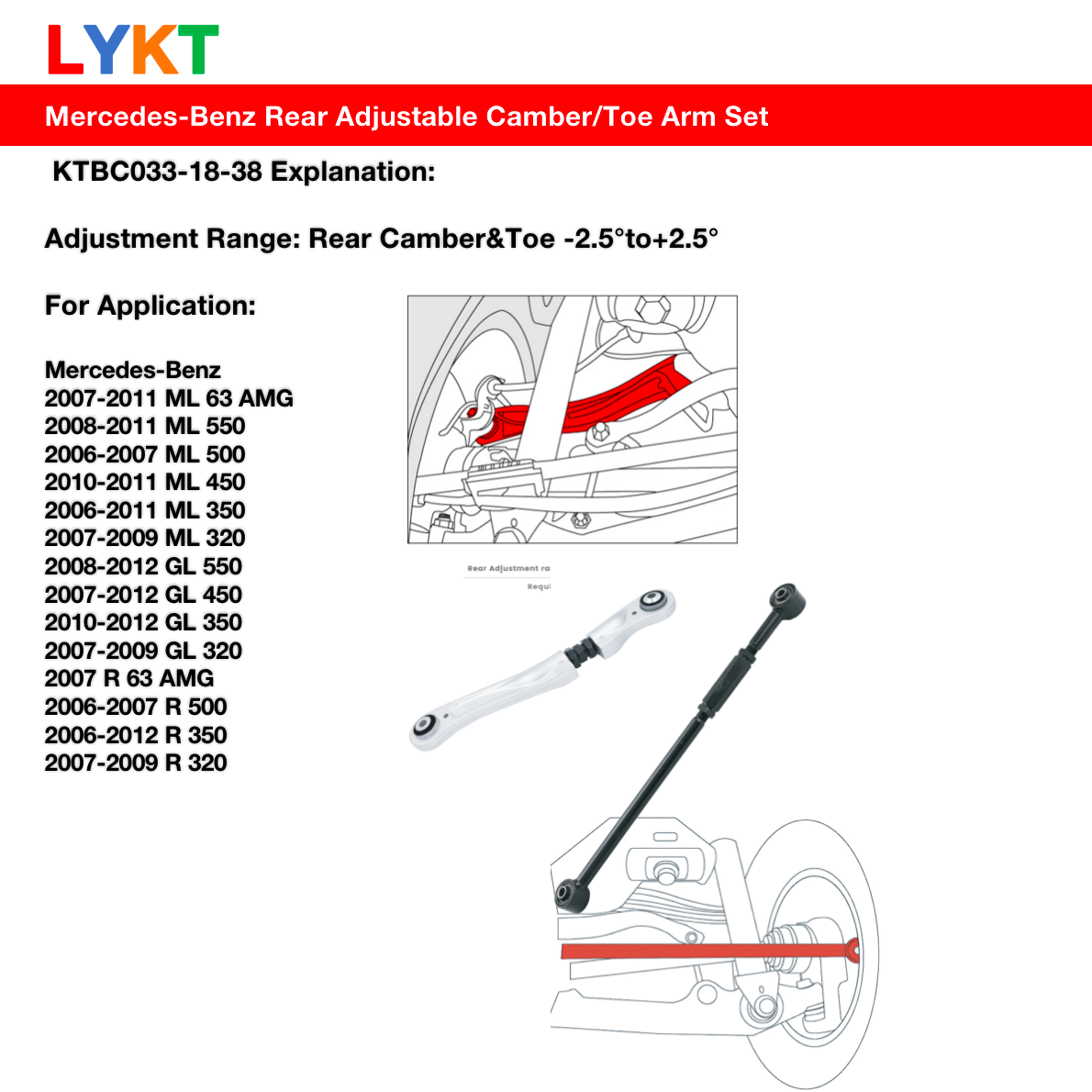 LYKT 4pcs Adjustable Arms Alignment Rear Camber&Toe Kit for Benz ML、GL ...