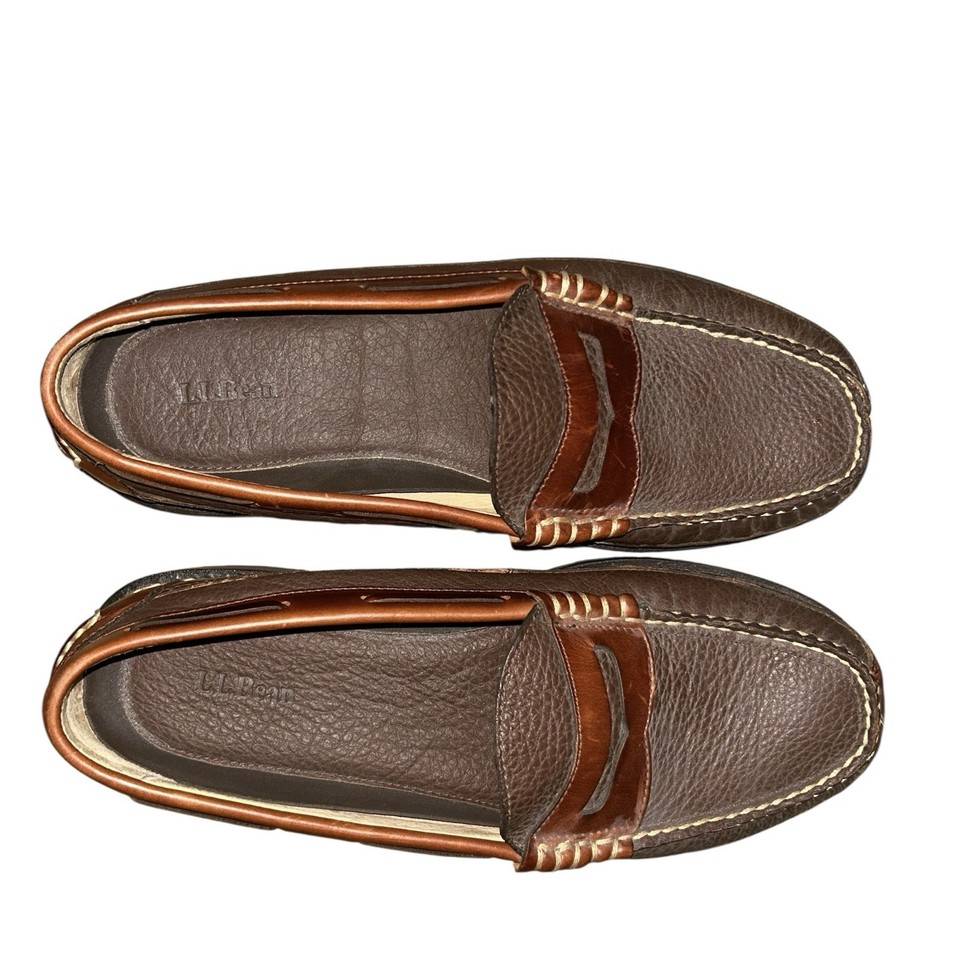 LL Bean Men Allagash Bison Handsewn Leather Slip On BrownPenny Loafers ...