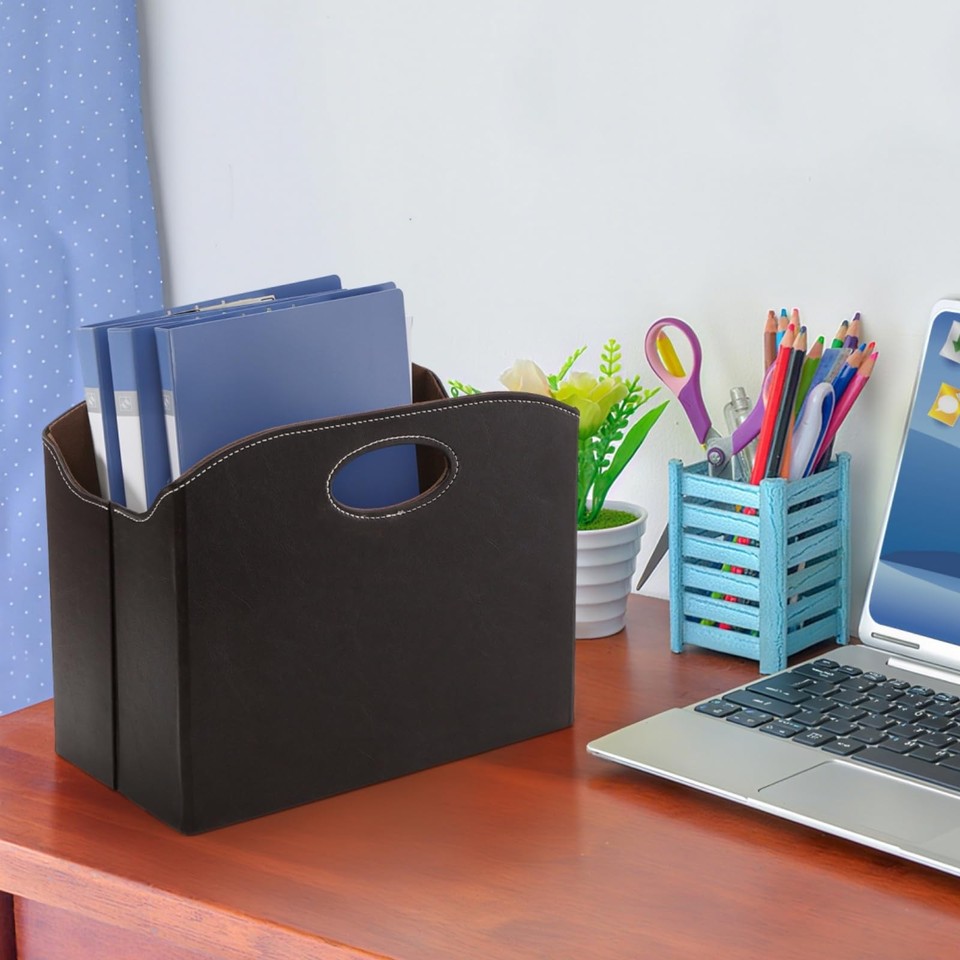 PU Leather Magazine File Holder, Foldable Magazine Basket with Handles ...