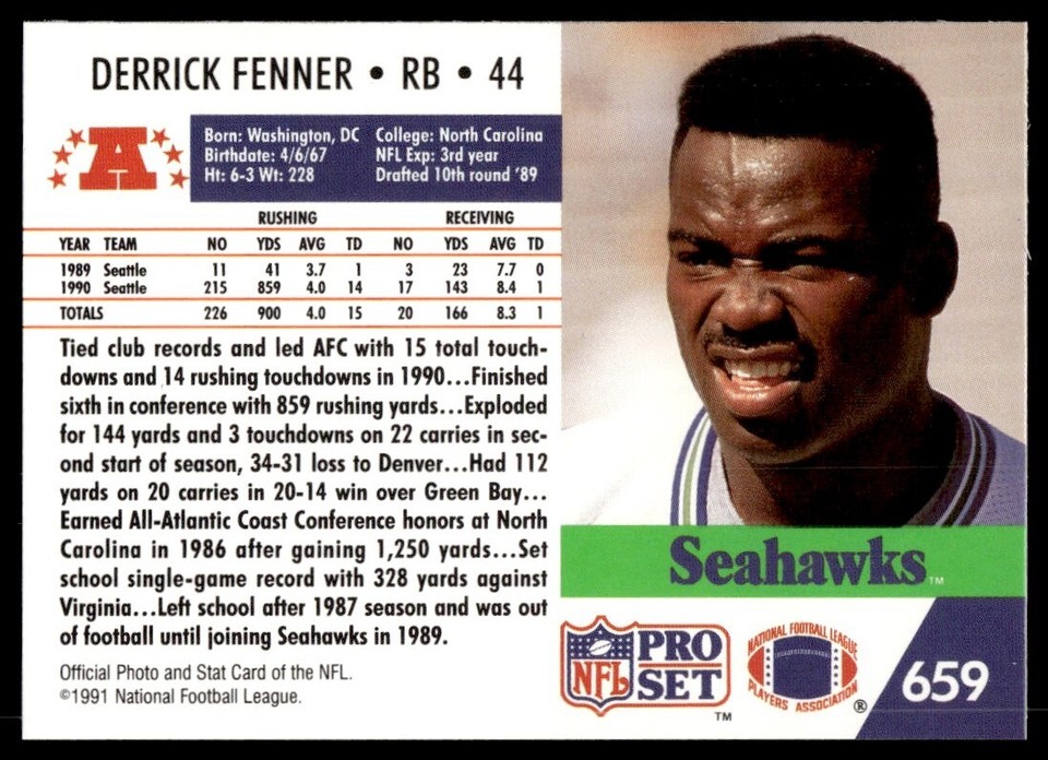 1991 Pro Set Football Card Derrick Fenner Seattle Seahawks #659 | eBay
