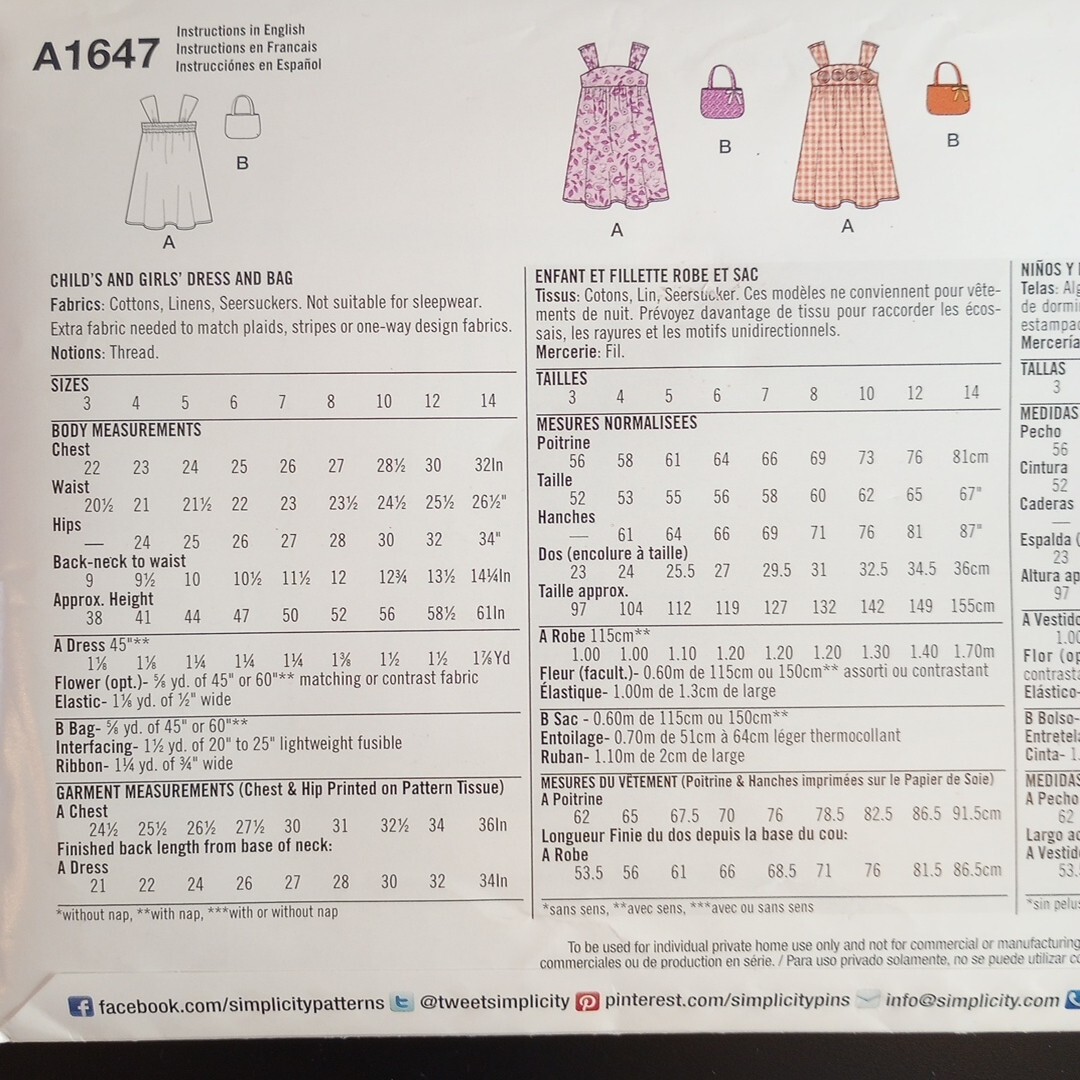 Simplicity A 1647 Pattern Child's and Girls' Dress and Bag 3-14 UC | eBay