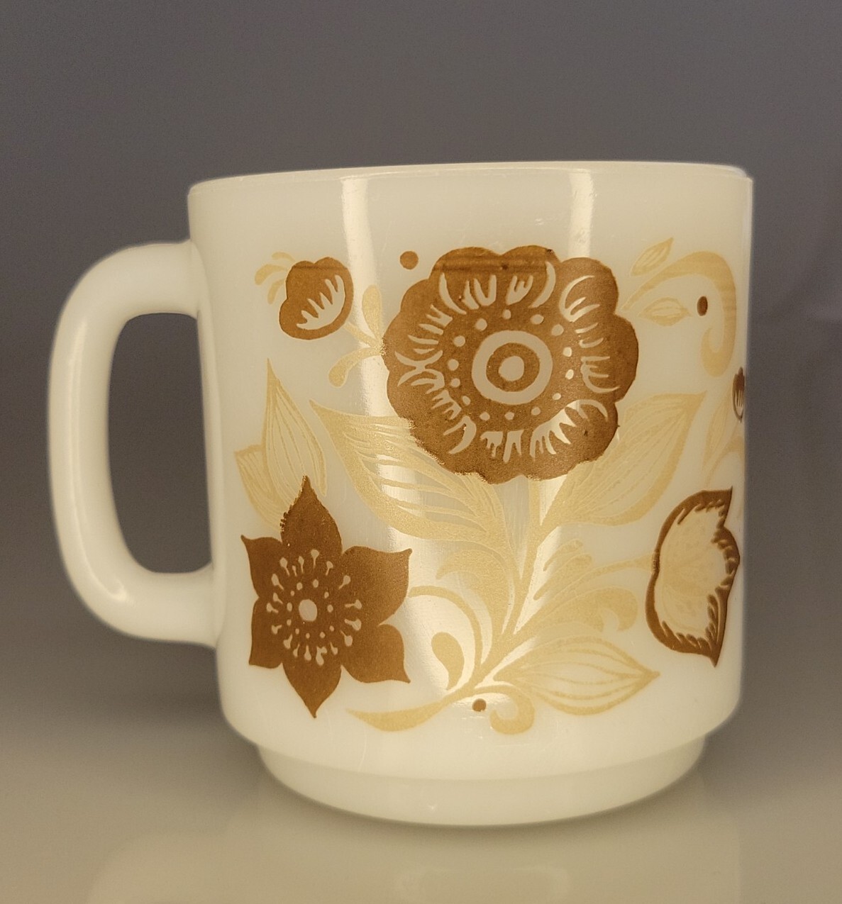 VINTAGE GLASBAKE WHITE MILK GLASS #77 MUG W/ BROWN/TAN FLORAL PATTERN ...