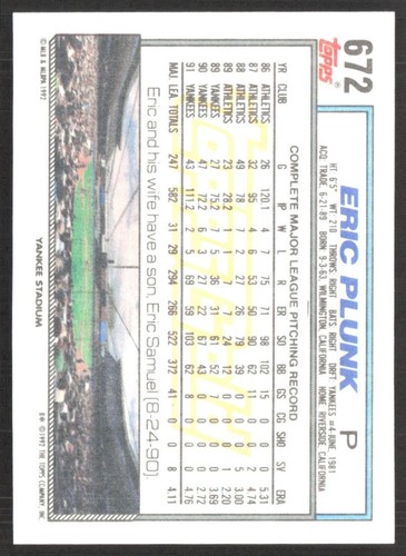 1992 Topps Gold Eric Plunk New York Yankees #672 | eBay