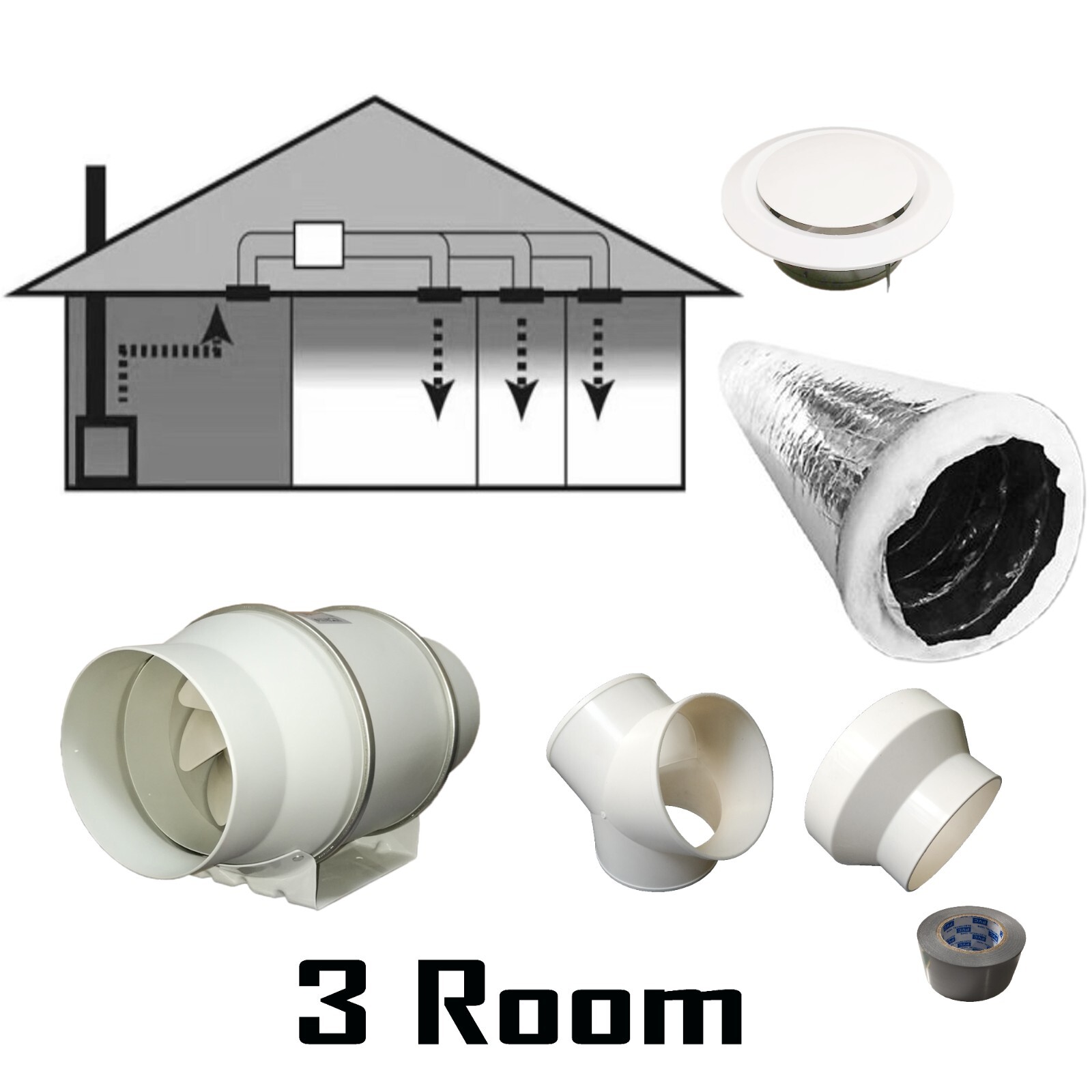 3 Rooms 8" fan Heat Transfer Fan Kit Inline Fan Cool Air Transfer Duct ...