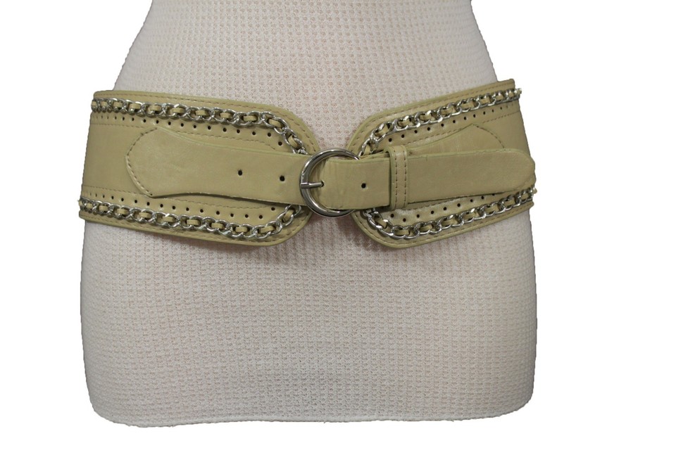 Women Beige Fashion Elastic Wide Belt Dressy Silver Metal Chains Buckle ...
