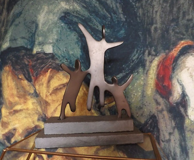 Cast metal bronze family statue figurine on stone base by Parlane 8.75 ...