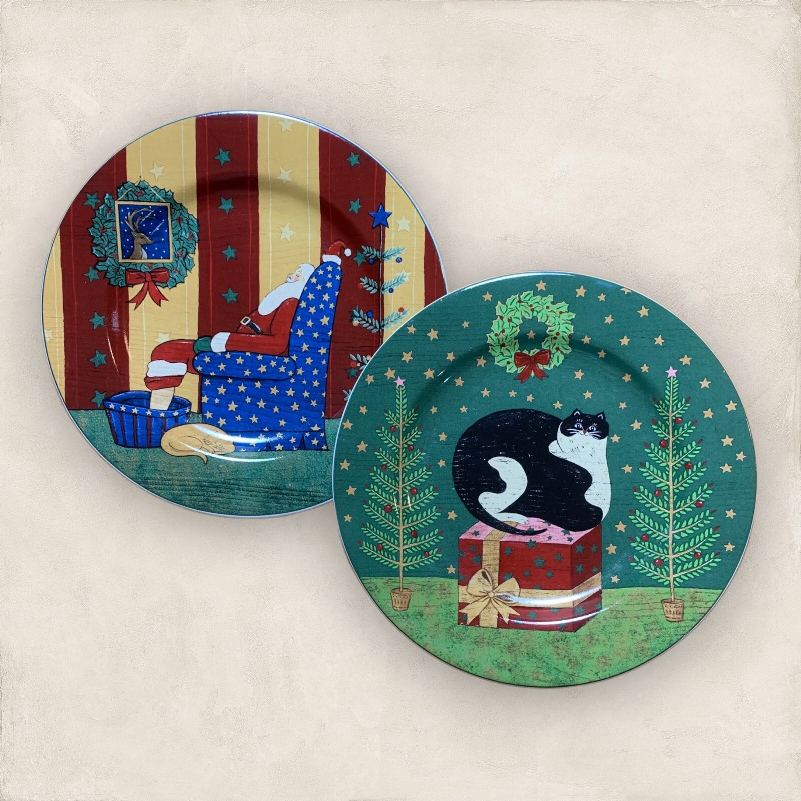 Set of 2 Warren Kimble Holiday Cheer Cats Salad Plate 8” Christmas ...