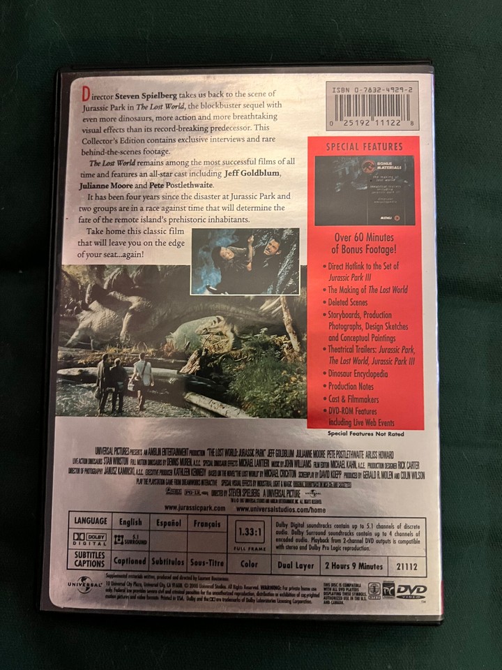 The Lost World: Jurassic Park (DVD, 2000, Collectors Edition ...