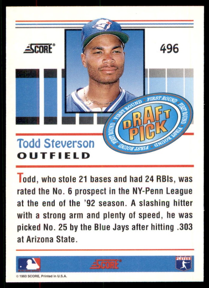 1993 Score Todd Steverson #496 Toronto Blue Jays - Draft Pick | eBay