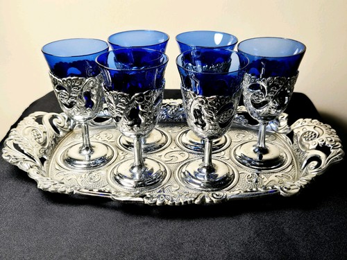 Rare 1950s Nikko Japanese Silver & Cobalt Saki Glass Set Of 6 With ...