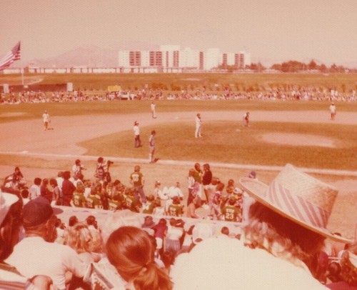 1970s Baseball Game Stadium Crowd Bleachers Players Field City Skyline ...