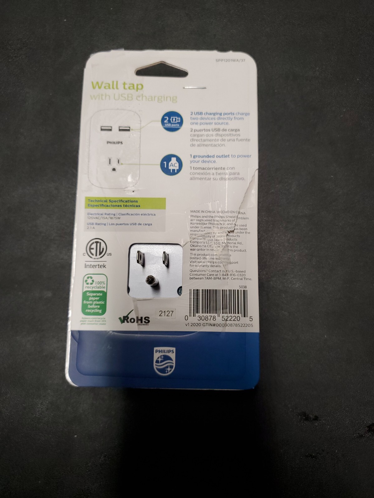 Philips WALL TAP with USB CHARGING 1-AC Grounded Outlet, 2-USB ports 2 ...