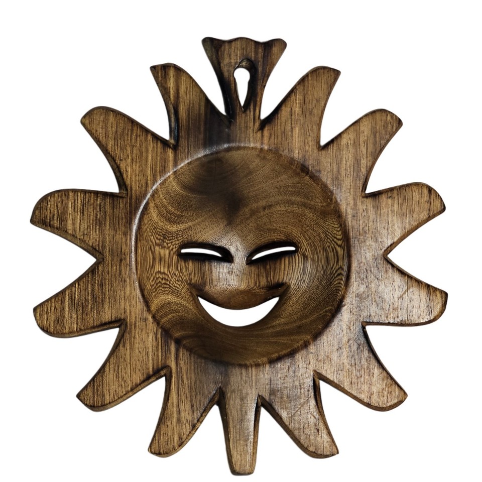 Wooden Carved Smiling Hippie Sun Face Wall Art Hanging Wood Sculpture ...