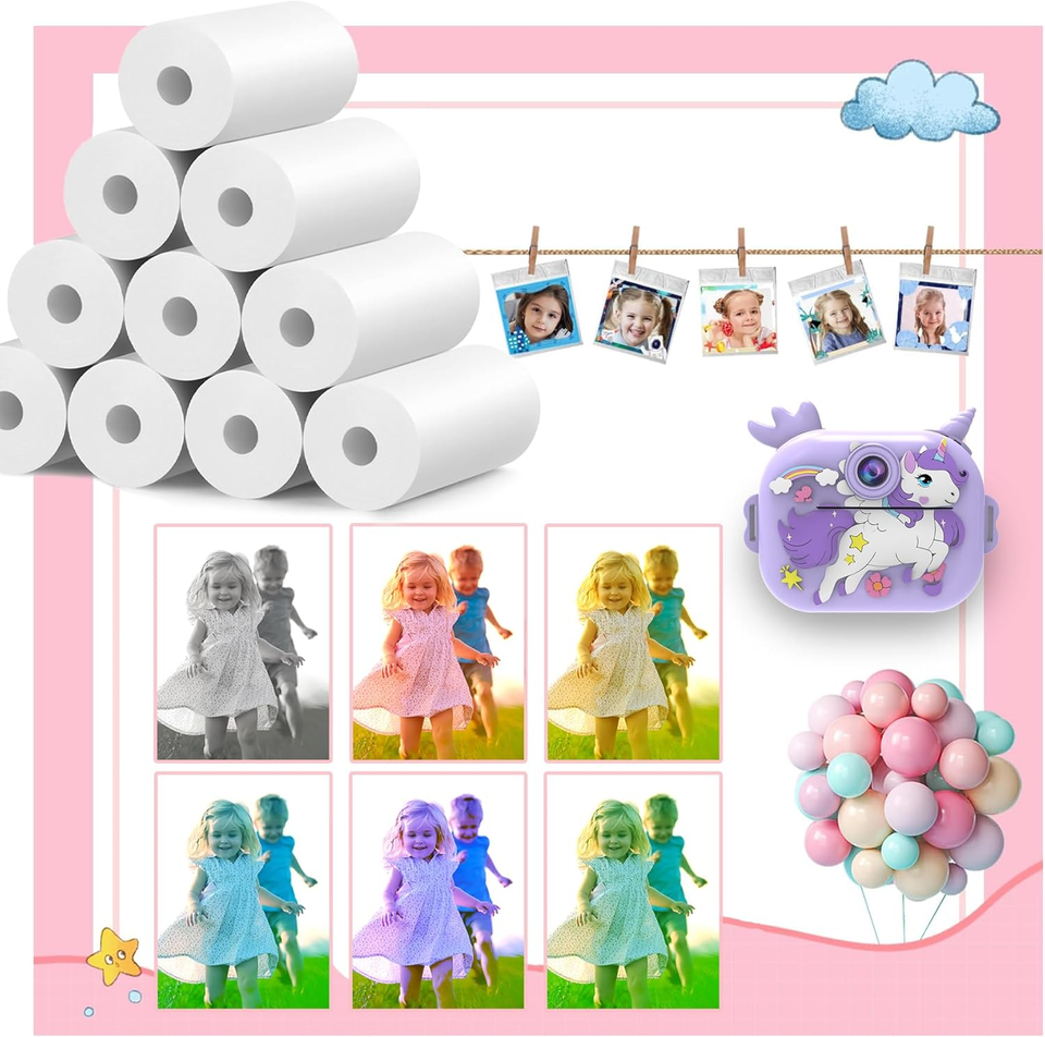 10 Rolls Kids Instant Camera Print Refill Paper, Photo Printer Thermal ...