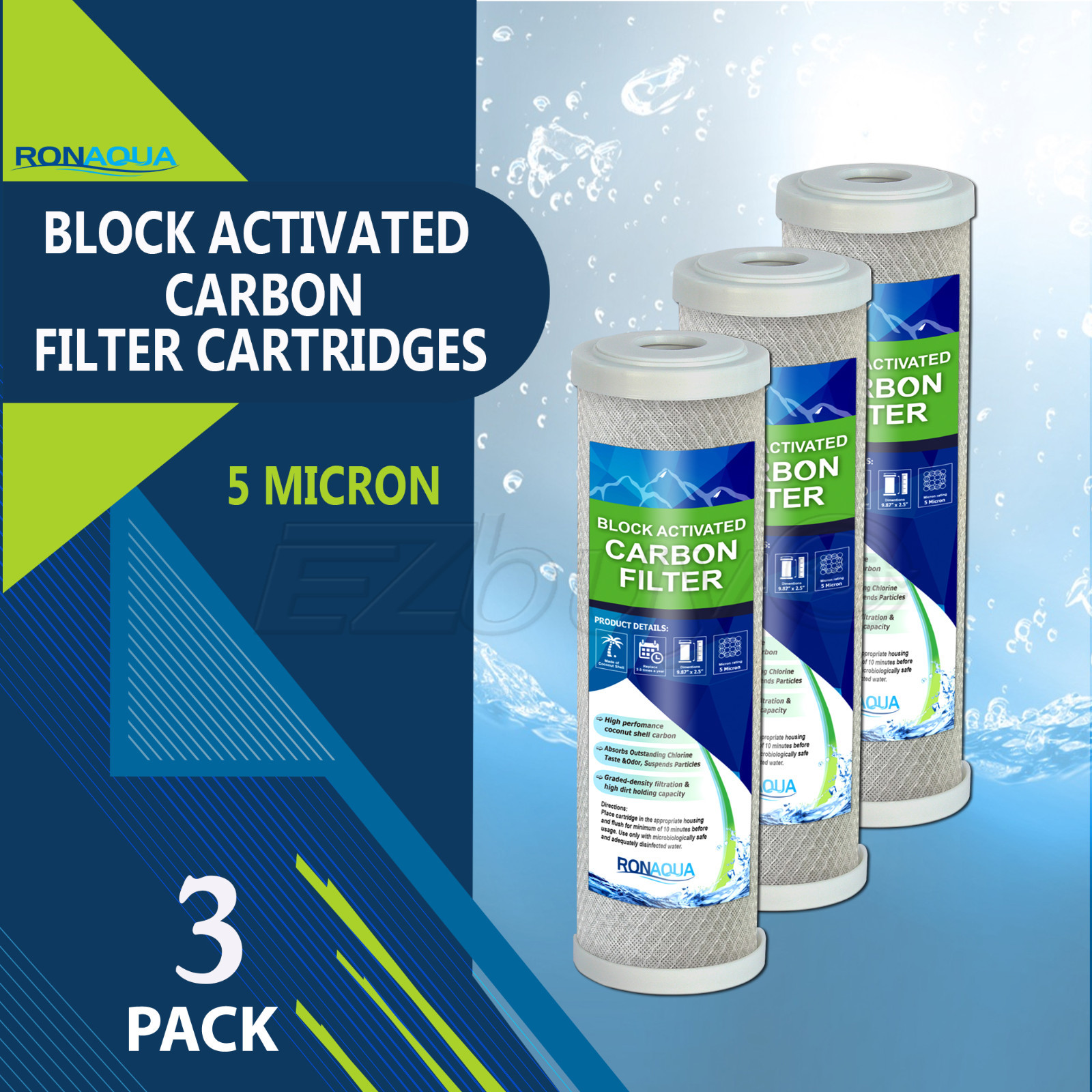 3PK- 9.875" x 2.5" Coconut Shell Carbon Block Water Filter for Whole ...