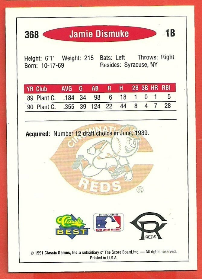 JAMIE DISMUKE - 1991 Classic #368 Minor League Autographed Card | eBay