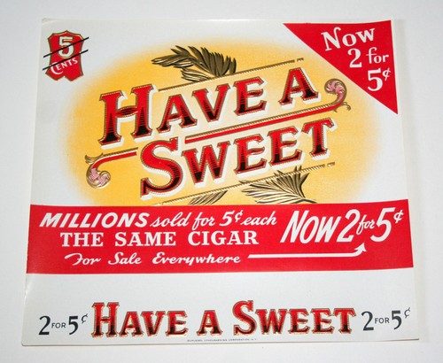 Lot 2 Lg Have a Sweet 5 cent Cigar Box Label Unused NOS New 1940-50s ...