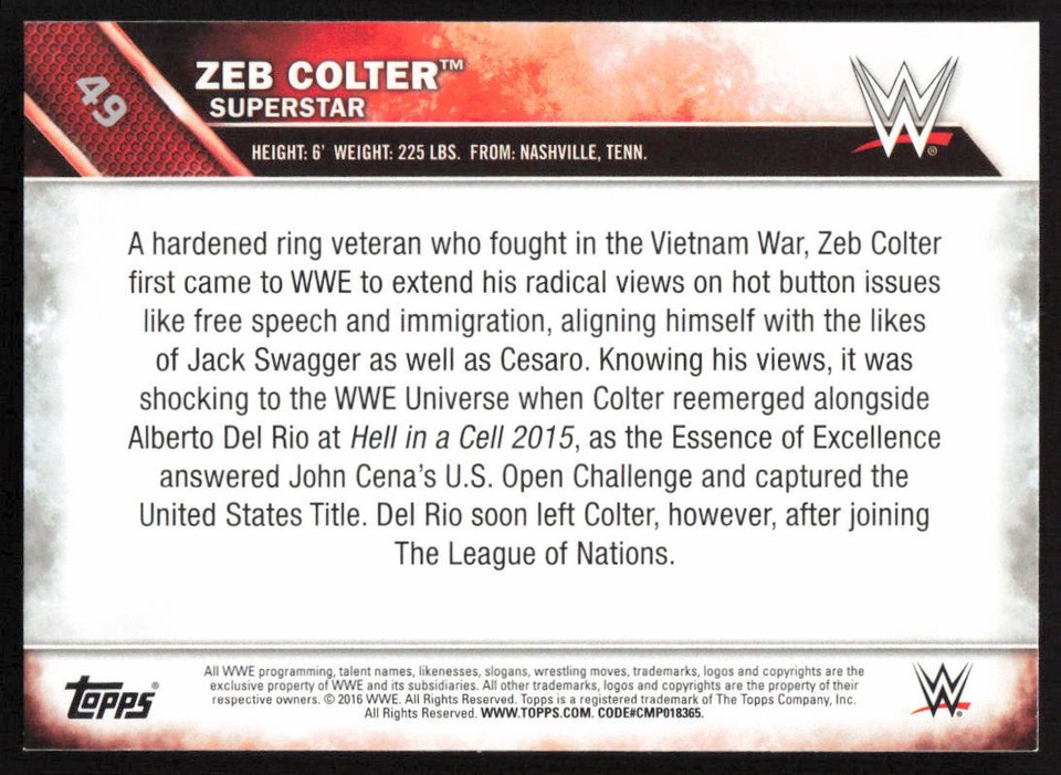 2016 Topps WWE Base Zeb Colter #49 | eBay