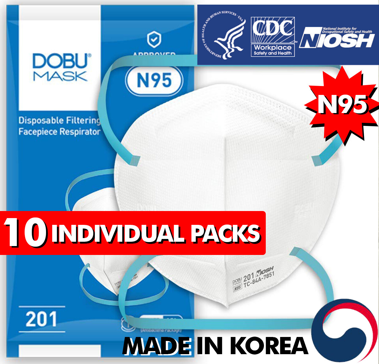 10 NIOSH N95 Face Mask Made in Korea Medical Respirators Protective ...