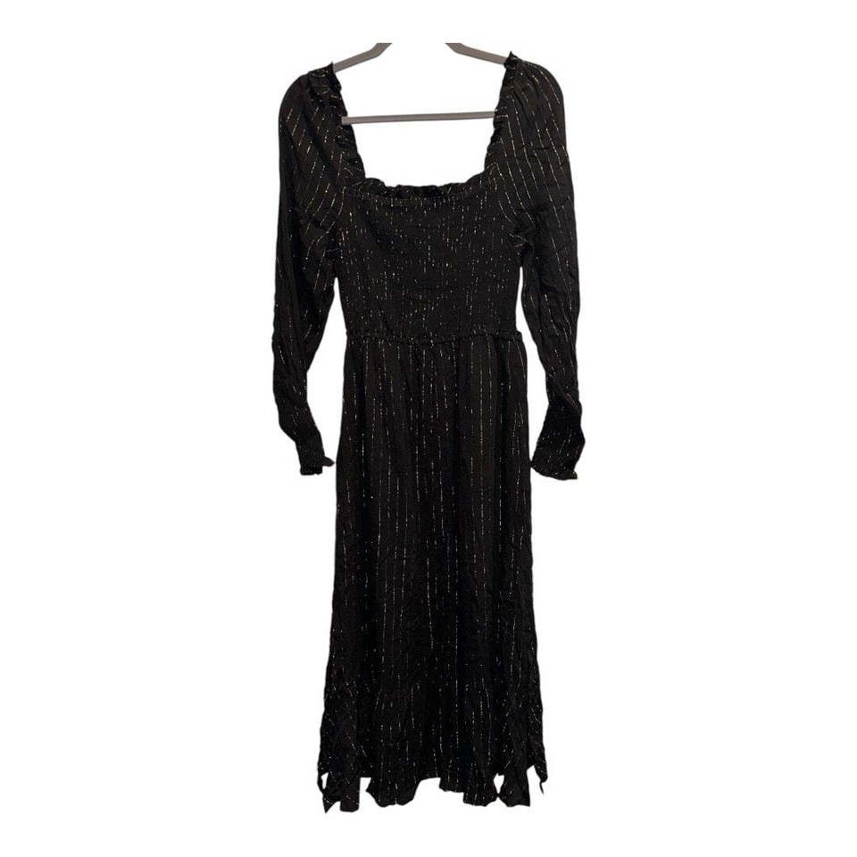 NWT Oat New York Long Sleeve Black & Gold Square Neck Smocked Dress ...