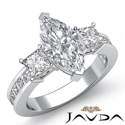 3 Stone Prong Channel Set Marquise Diamond Engagement Ring GIA F Color ...