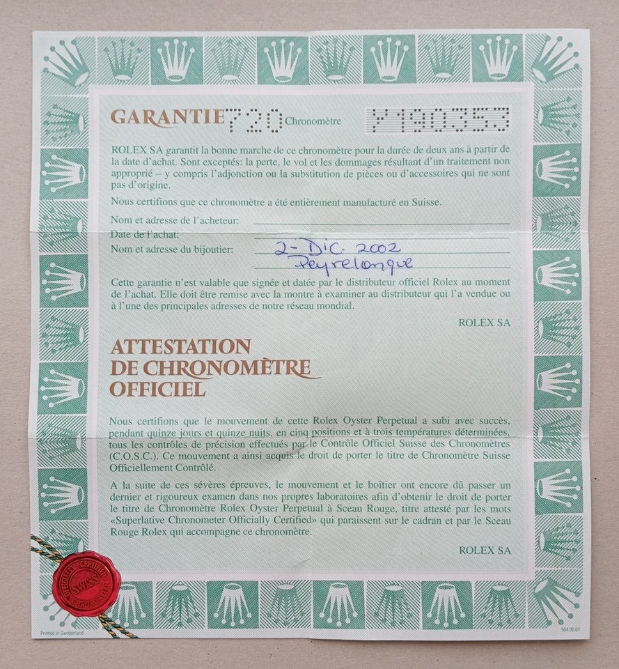 ROLEX Guarantee Warranty Booklet Paper Booklet Date 15200 / Y | eBay