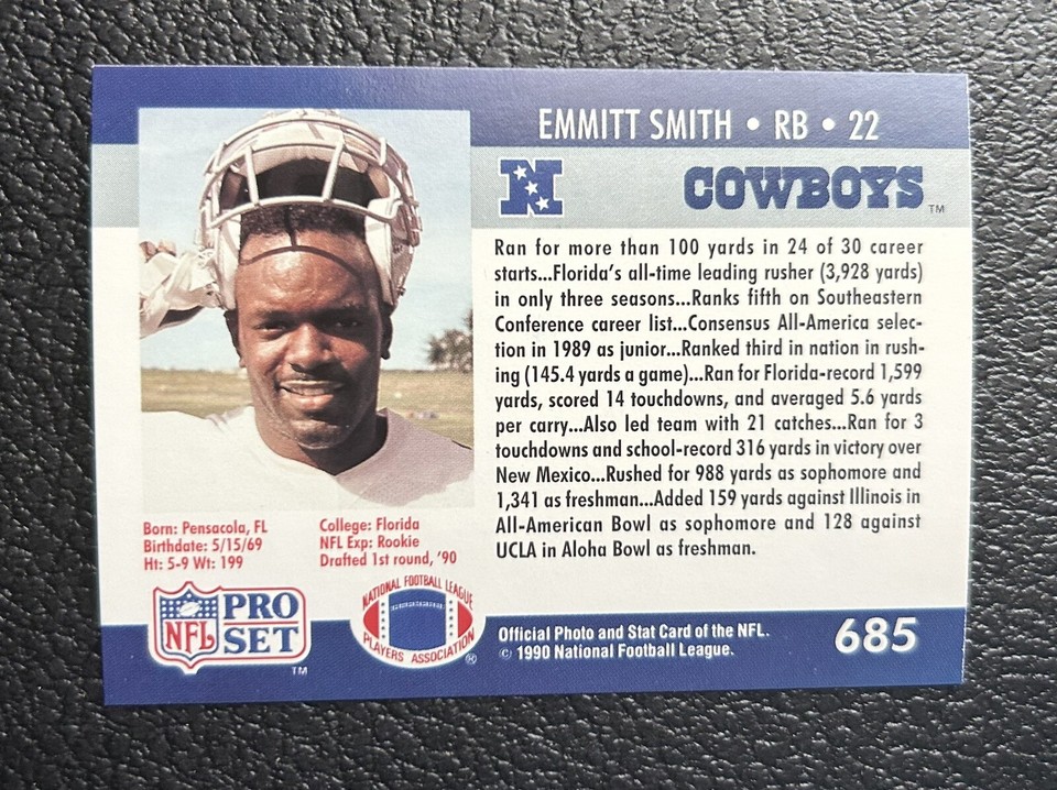 Emmitt Smith Signed Autographed 1990 Pro Set Rookie Card #685 Dallas ...