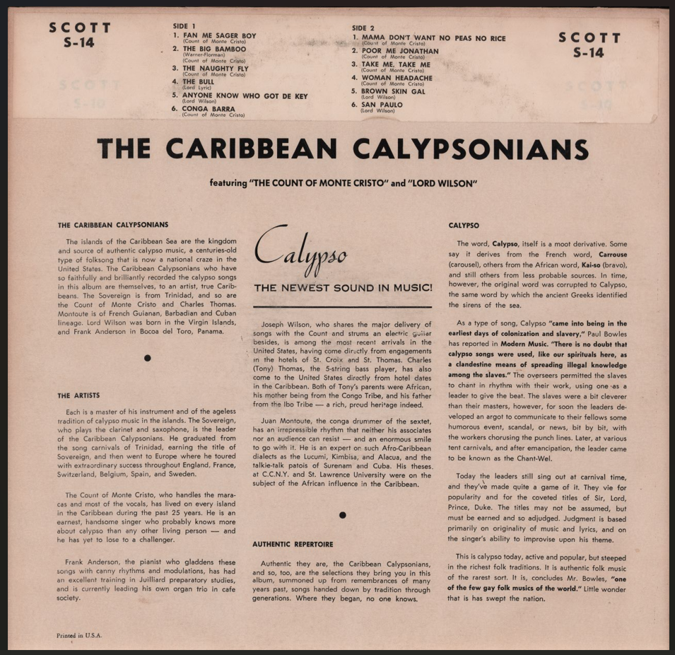 The Caribbean Calypsonians (c1950s, LP): RARE Scott Records Reggae ...