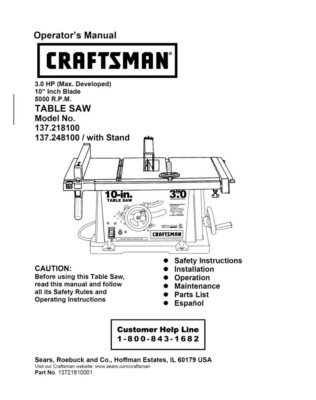 Craftsman 137.218100 137.248100 Table Saw Instruction Manual | eBay