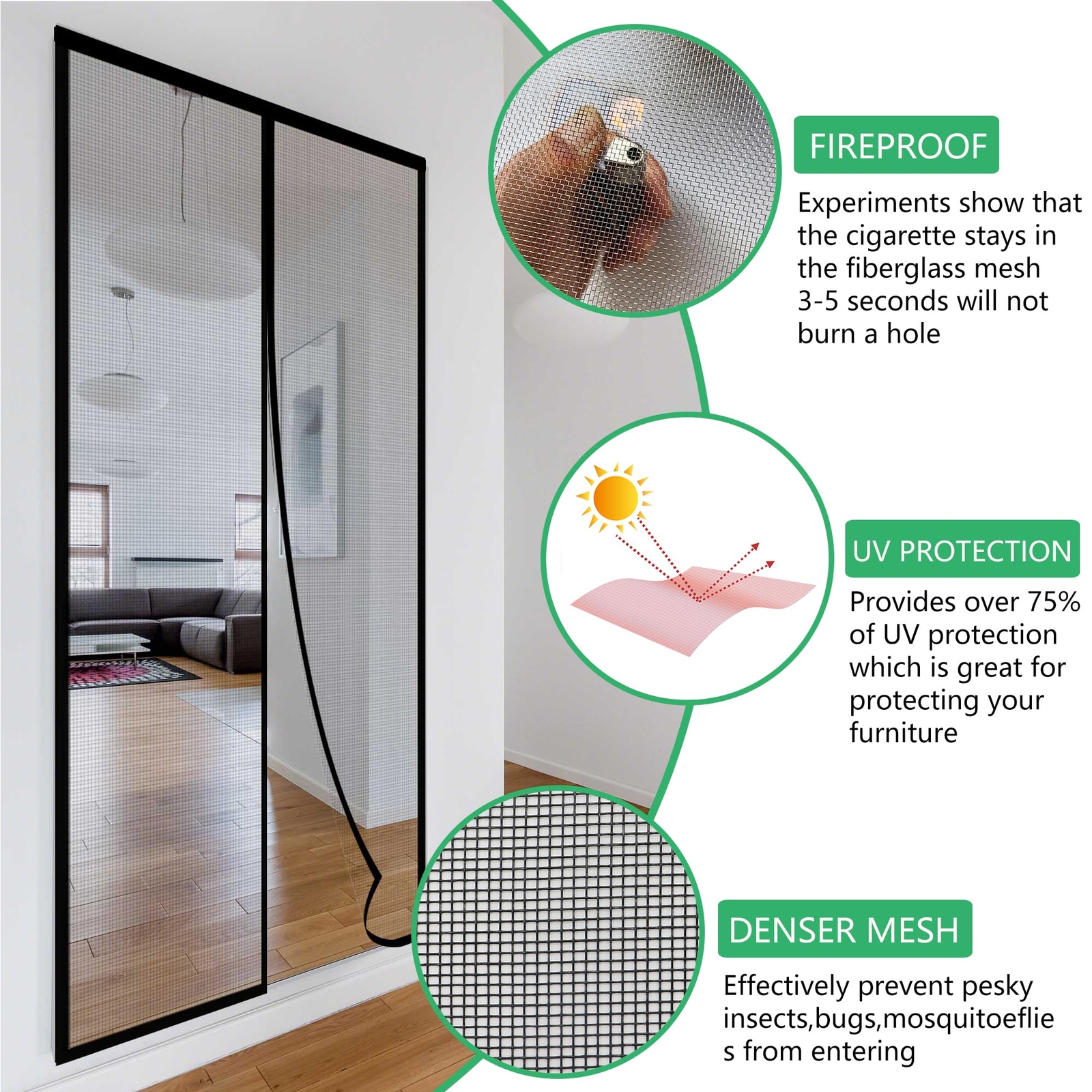 72x80 Inch Magnetic Sliding Door Screen Fiberglass Mesh Net Door Screen ...