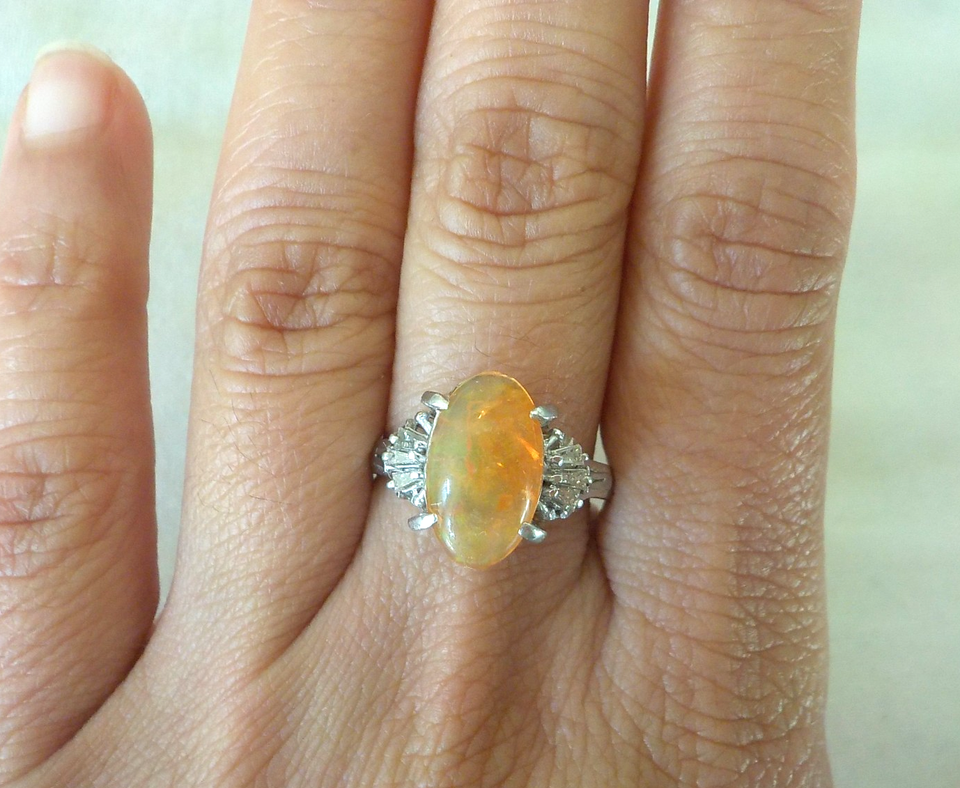 Platinum Solitaire Orange Fire Opal Diamond Ring - 5.84 gms, Sz 7.75, 1 ...