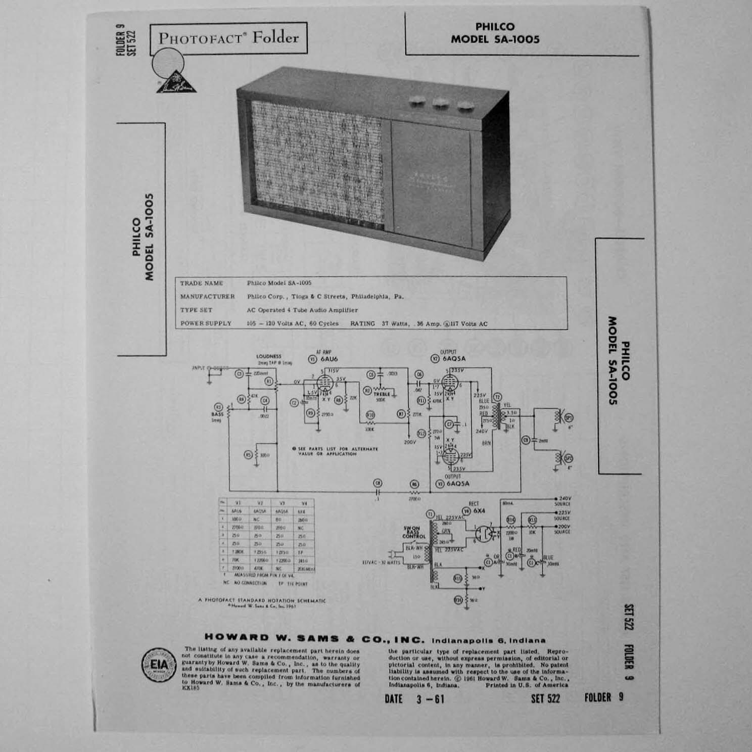 Philco Model SA-1005 Table Top 4 Tube Audio Amp Amplifier SAMS ...