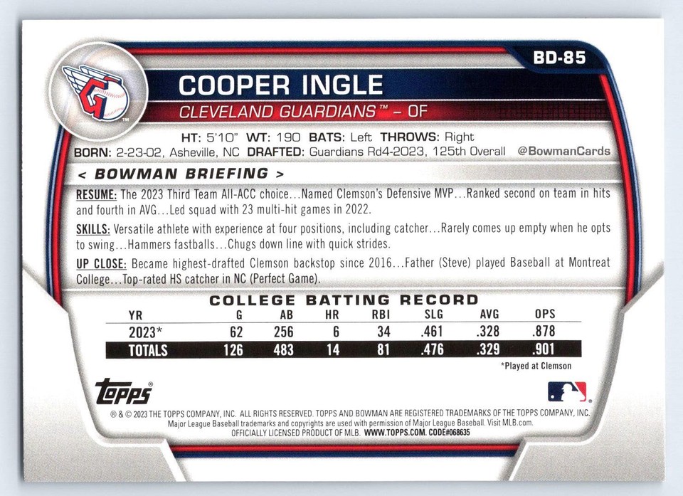 2023 1st Bowman Draft #BD-85 Cooper Ingle Cleveland Guardians Baseball ...