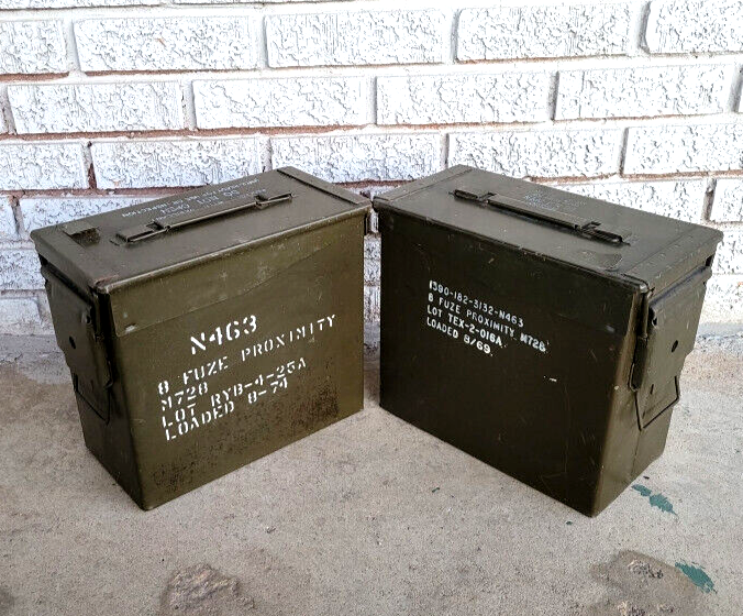 LOT OF 2 METAL AMMO TALL CANS 50 CAL ARMY M728 FUZE MILITARY 50CAL M2A1 ...