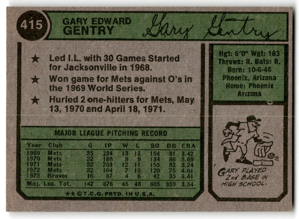 1974 Topps #415 Gary Gentry | eBay