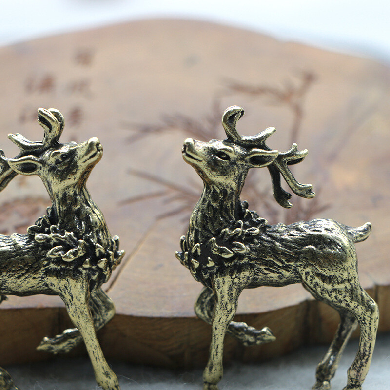 2PCS Pure Copper Deer Sculpture Ornaments Brass Miniature Figurines ...