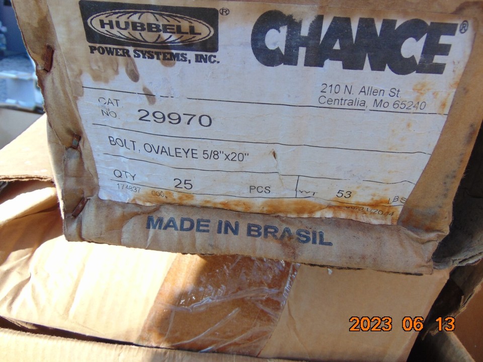 (1) HUBBELL CHANCE 29970 Ovaleye Bolt, 5/8 in. Dia x 20.00 in. L Steel ...
