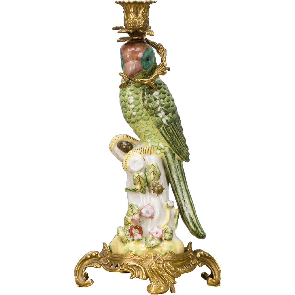 Porcelain Bronze Ormolu Green Parrot Birds Candlesticks Candle Holder ...