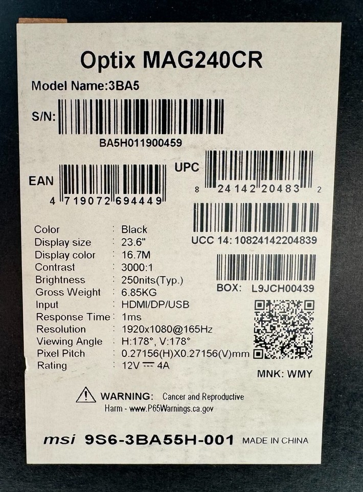 NEW MSI OPTIX MAG240CR 23.6 IN DISPLAYPORT HDM 1920X1080 CURVED GAMING ...