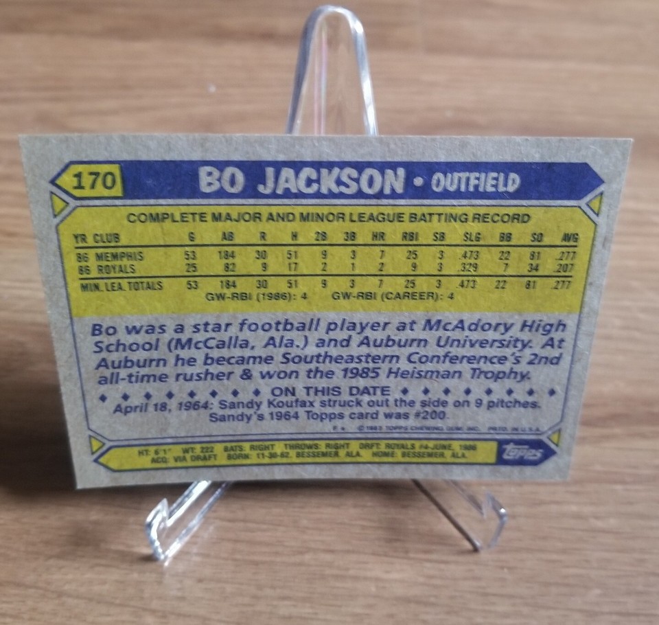 Bo Jackson ERROR Rookie Card Topps 1987 #170 Kansas City Royals | eBay