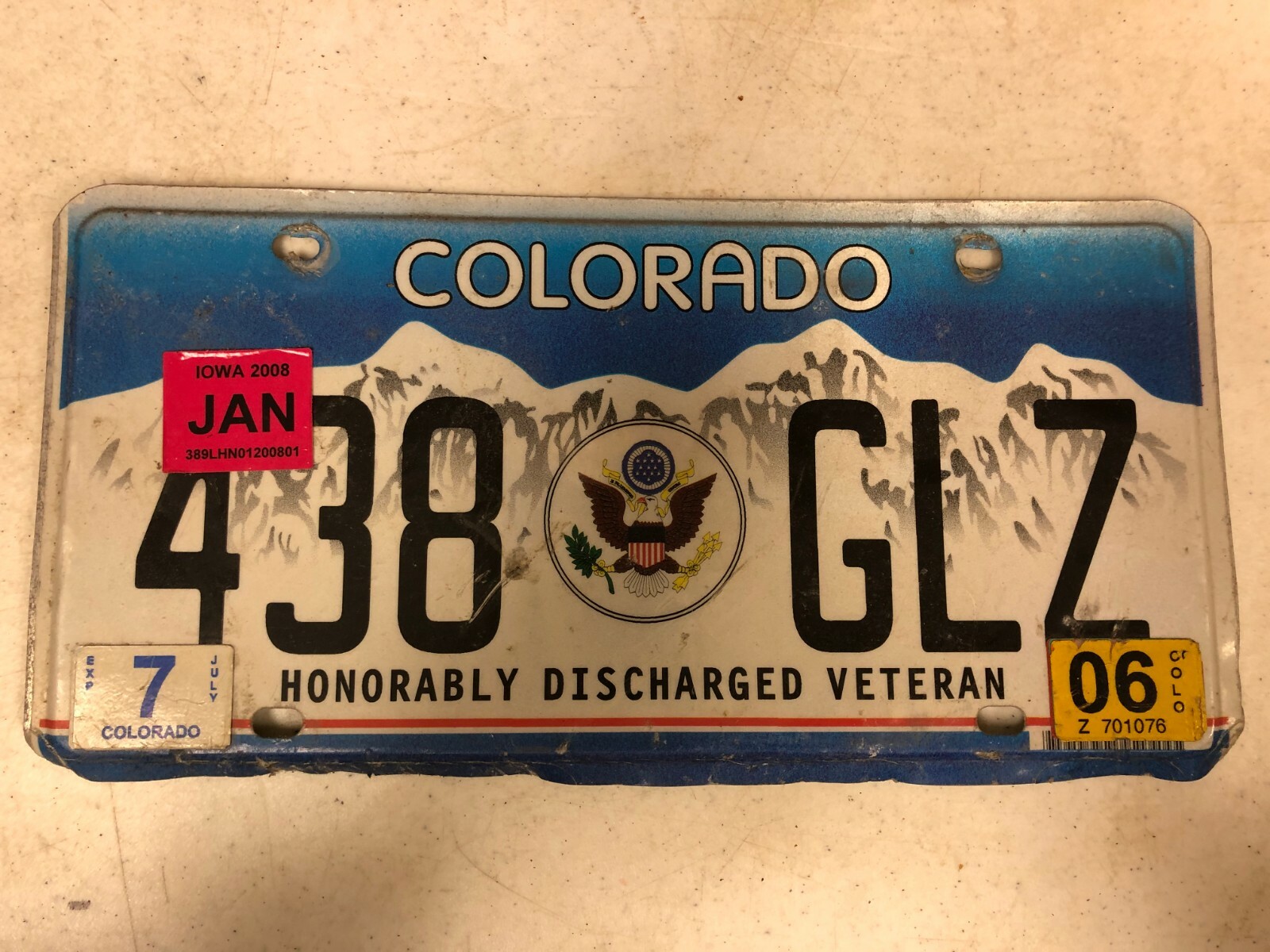 July 2006 COLORADO Honorably Discharged Veteran License Plate 438-GLZ ...