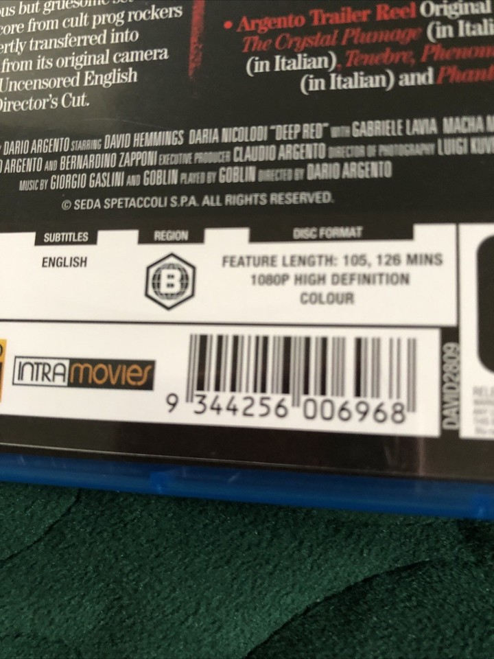 DEEP RED ‘ BLU RAY REGION B IMPORT - DARIO ARGENTO - EXCELLENT ...
