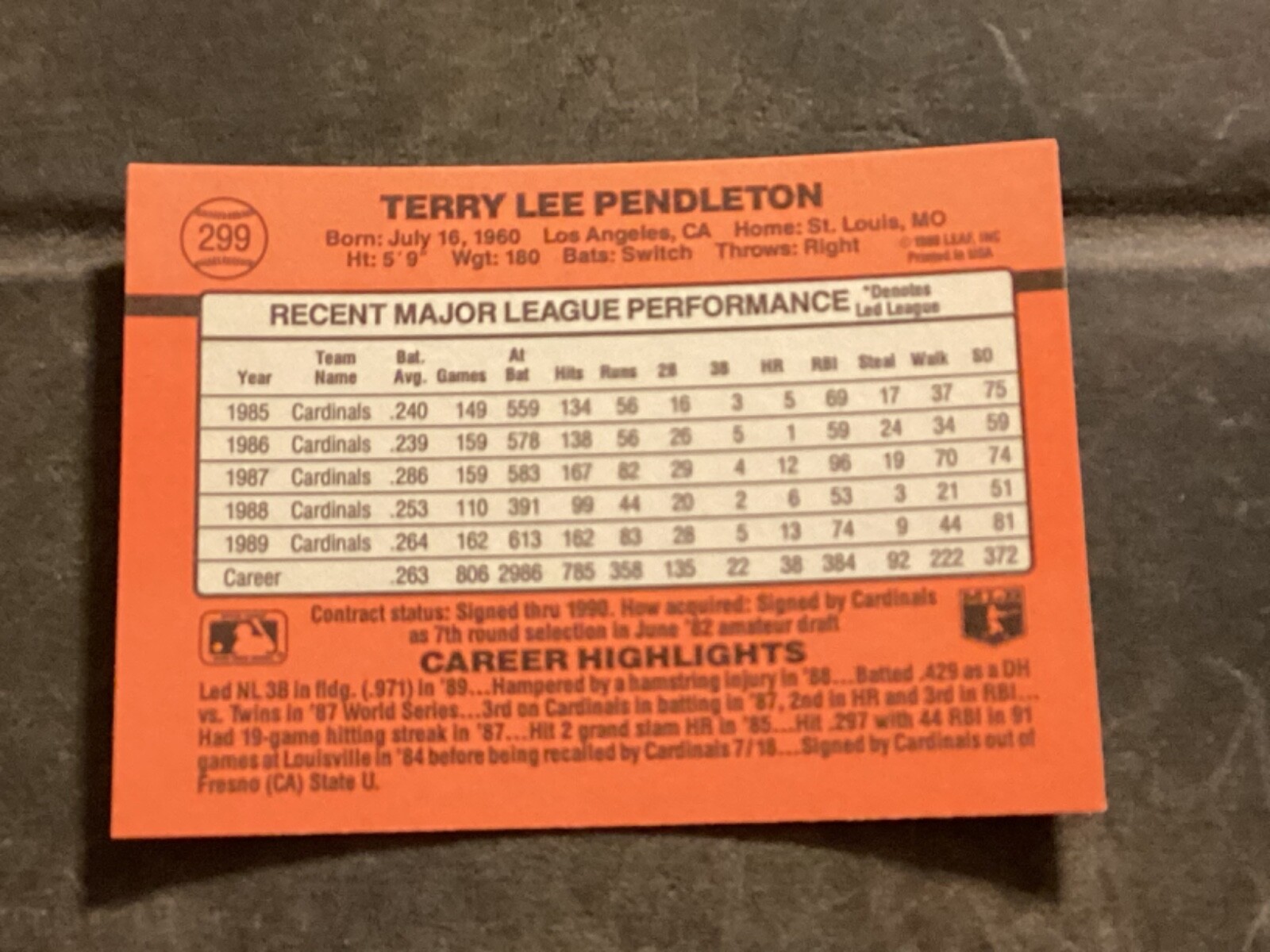 1990 Donruss Terry Pendleton #299 Baseball Card. Error. No “.” After ...