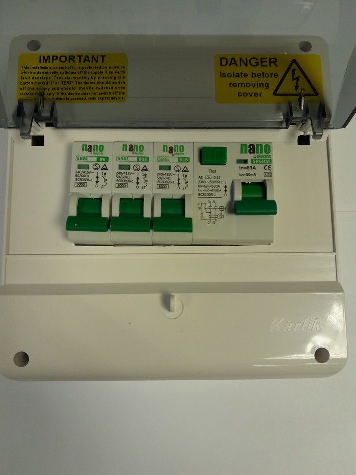 3 Way Garage, Consumer Unit Box 40A 30mA RCD, 2 x 16Amp, 6Amp MCBs ...