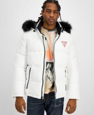 NWT MENS GUESS WHITE WINTER QUILTED FAUX FUR HOODED PUFFER JACKET SZ ...