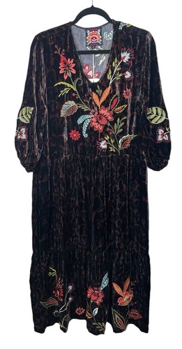 Johnny Was Isabella Velvet Tiered Dress M Medium Floral Embroidered ...