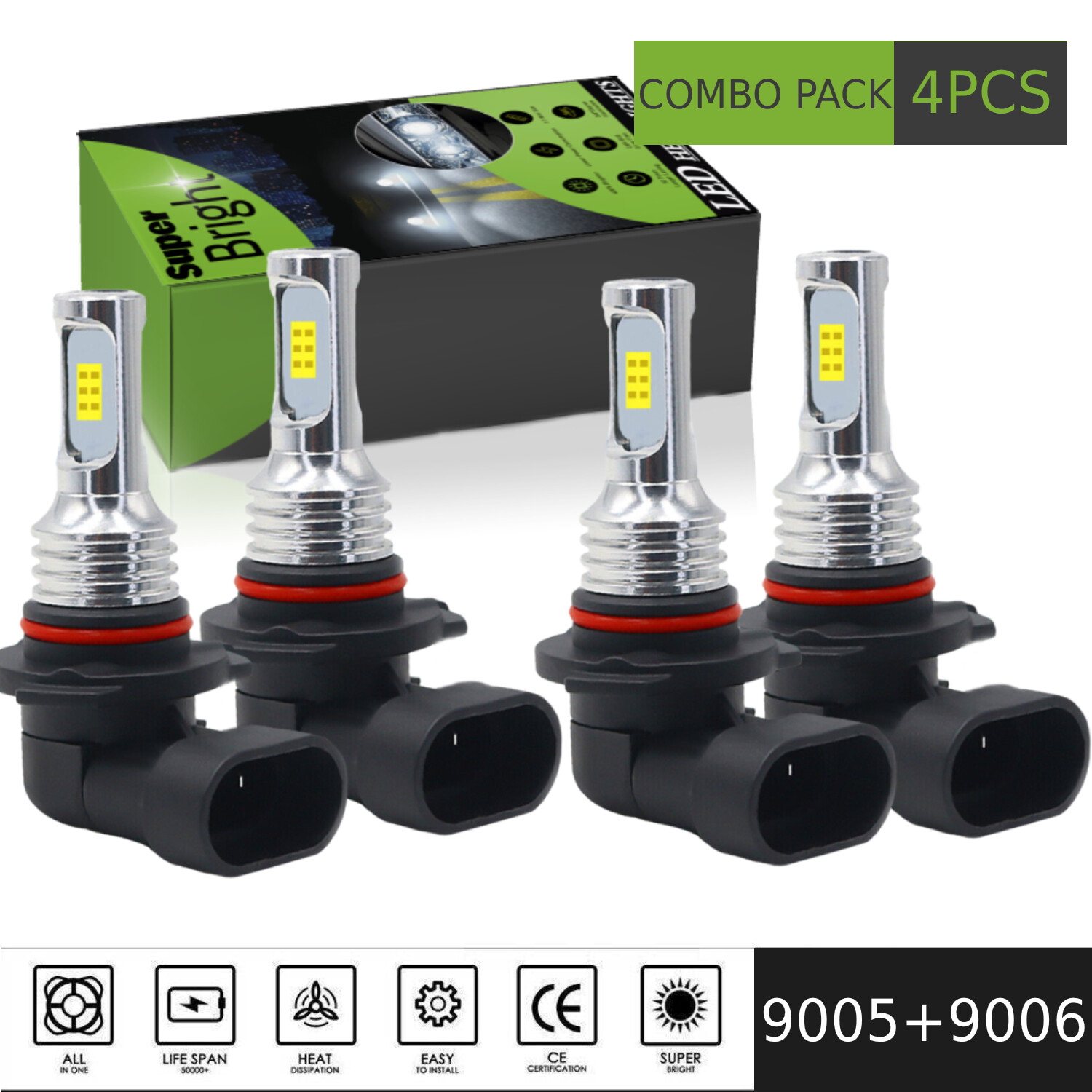 9005 9006 LED Headlight 4*Bulb Kit 10000K White Super Bright High/Low ...
