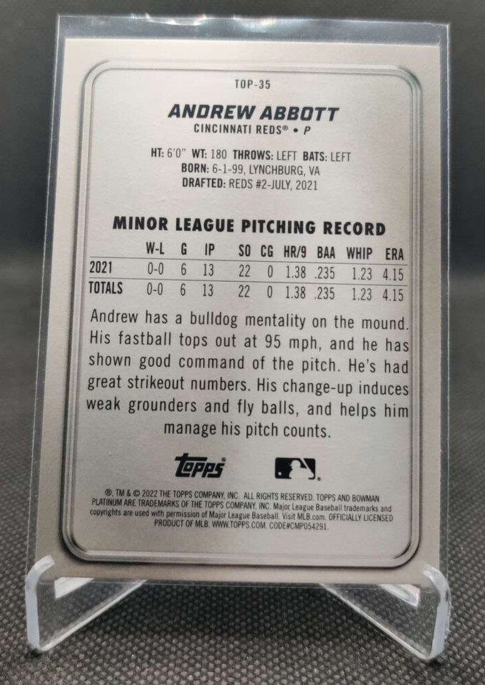2022 Bowman Platinum #TOP-35 Andrew Abbott Cincinnati Reds baseball ...