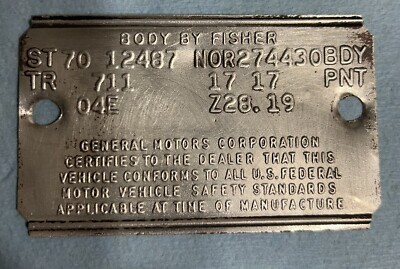 1970 Camaro Z28 Trim Tag | eBay