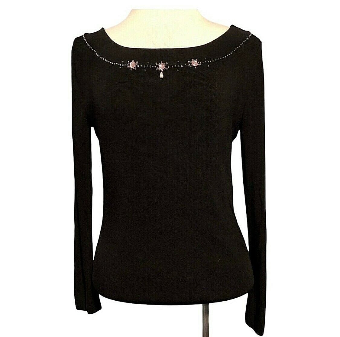 Debbie Morgan Stretch Blouse Jeweled Embellished Neck Long Sleeve ...